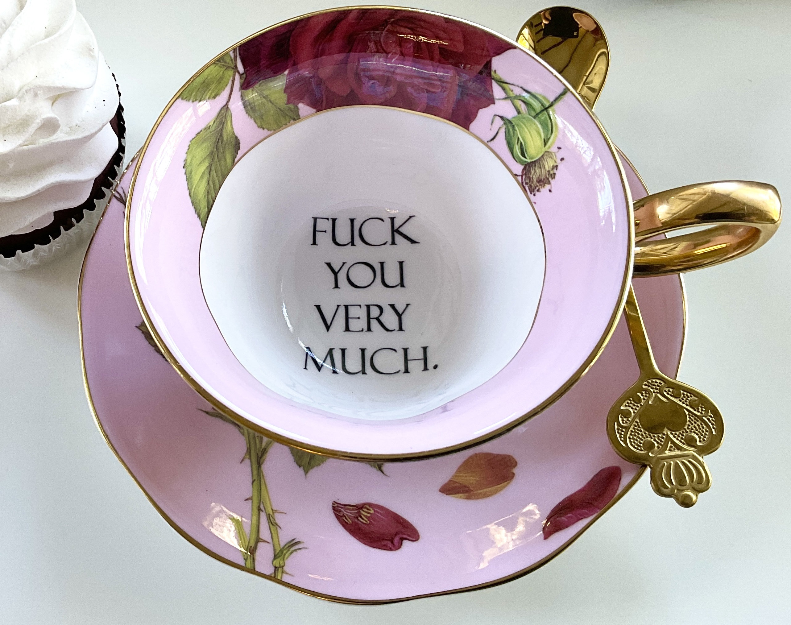 Pink Rose Floral Rude Teacup and Saucer Set With Gold Spoon 8 - Etsy
