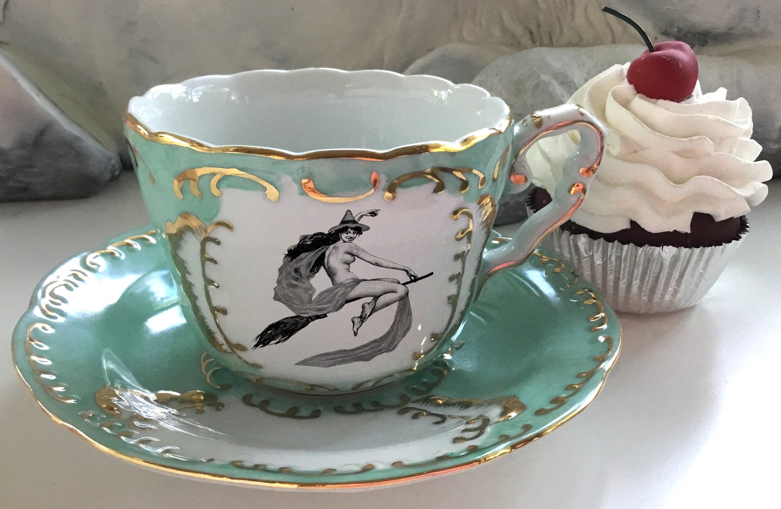 Pink or Green & Gold Witch Teacup / Halloween Teacup 8 | Etsy