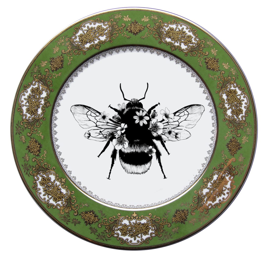 Raised Gold Moss Green Bee Plate, Dinner or Salad Size, Customizable ...