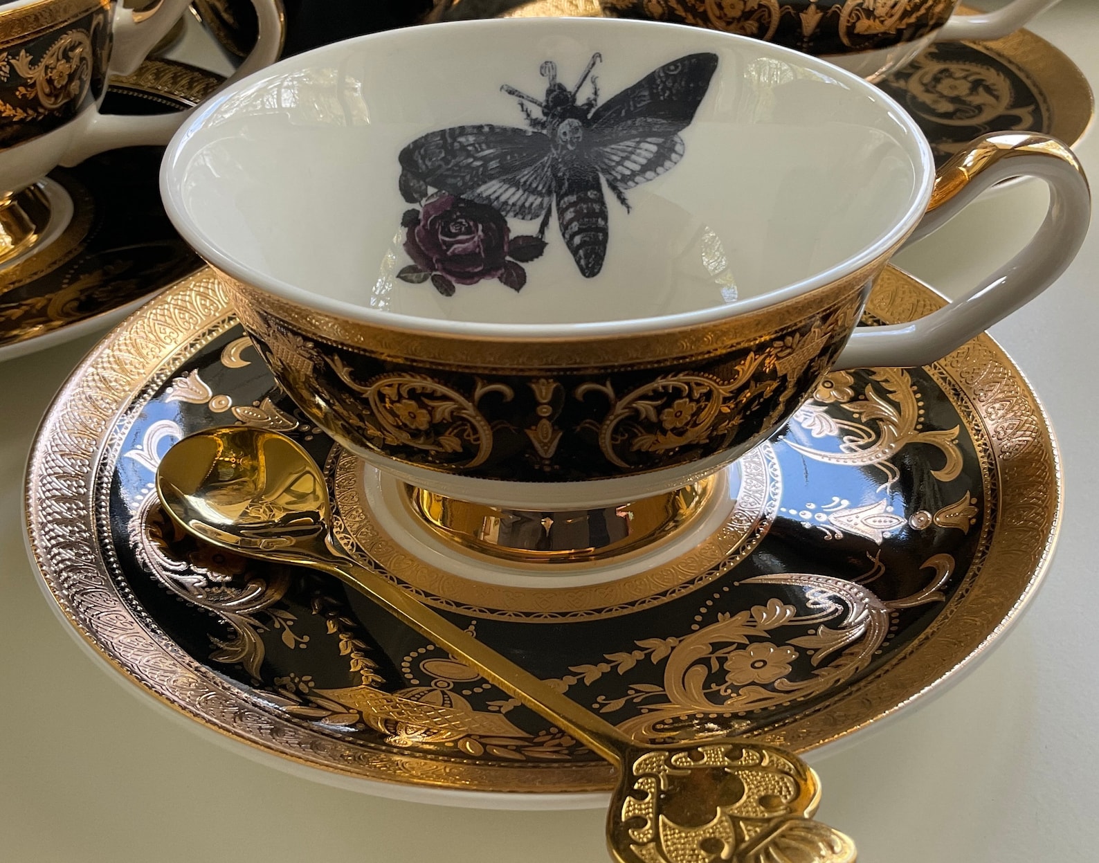 Black and Gold Porcelain Bat Cat Moth or Crow Teacup and - Etsy