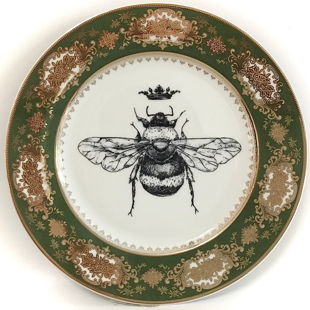FREE Shipping-raised Gold Moss Green Bee Plate, Dinner or Salad Size ...