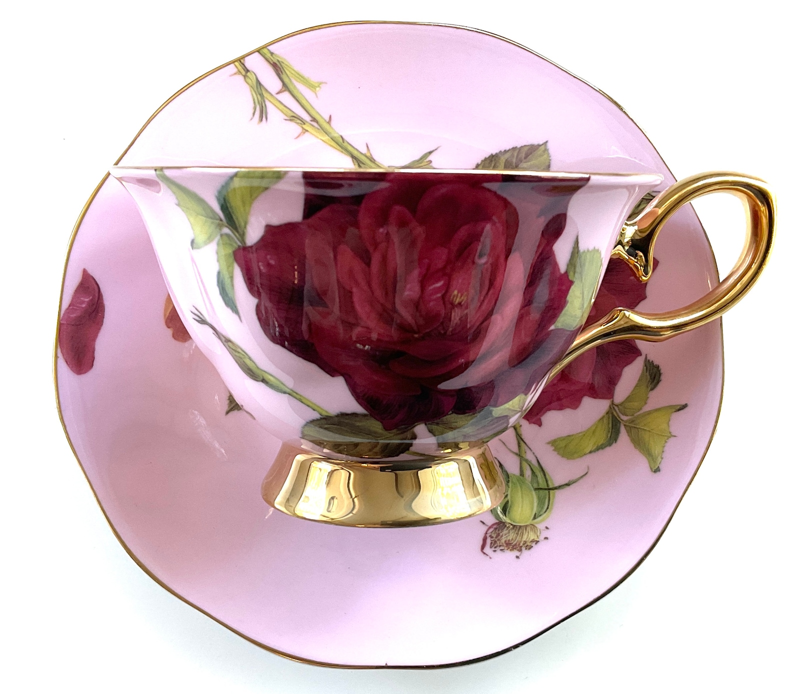 Pink Rose Floral Rude Teacup and Saucer Set With Gold Spoon 8 - Etsy