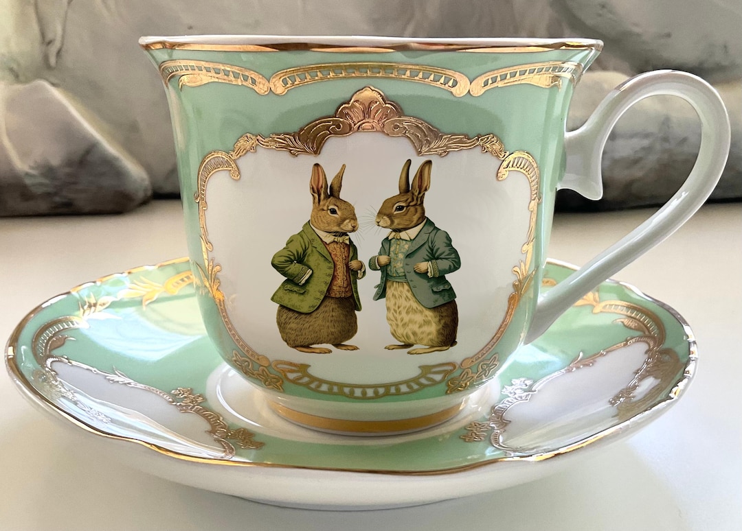 Porcelain Rabbit Teacup and Saucer Set, 8 Ounces. Pink, Green or Blue ...