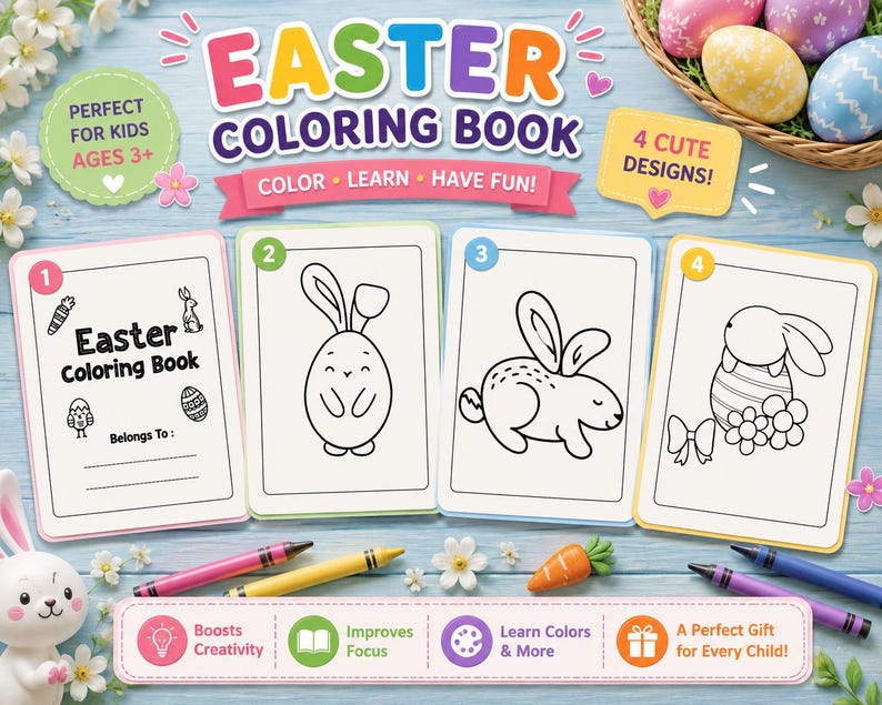 Easter Coloring Book for Toddlers Ages 3+ | Bunny, Chick, Egg Designs ...