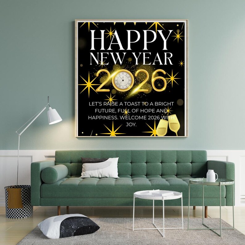 Happy New Year 2026 Wall Art Printable – Black & Gold Sparkle Clock ...