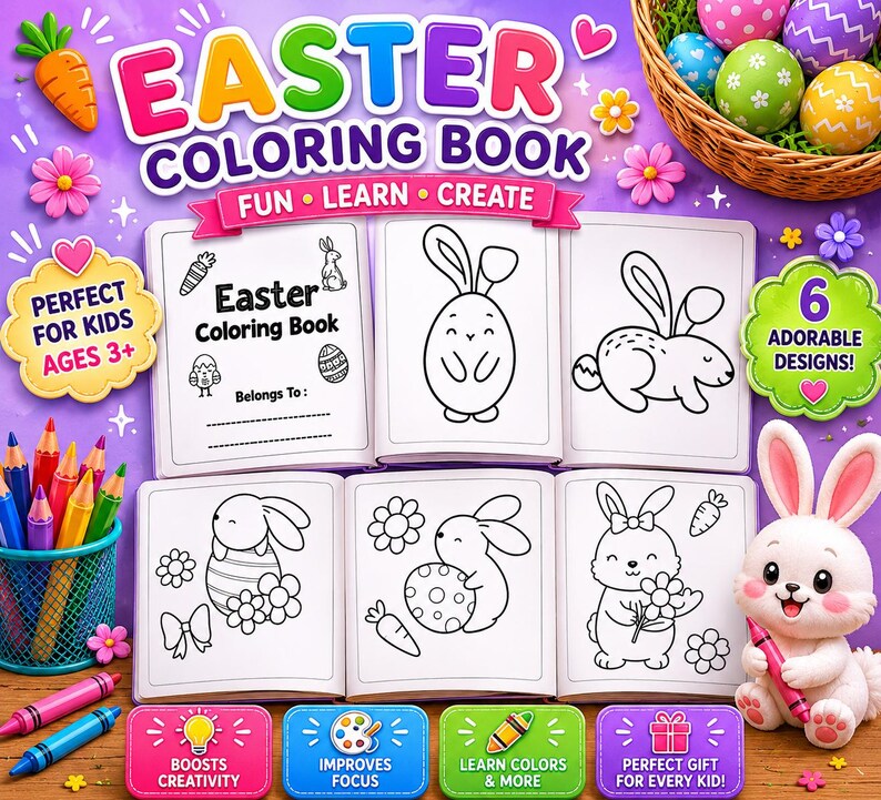Easter Coloring Book for Toddlers Ages 3+ | Bunny, Chick, Egg Designs ...