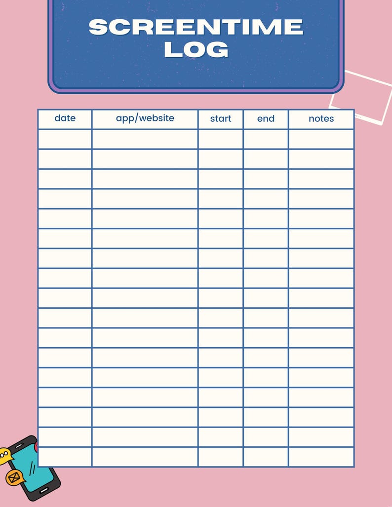Screen Time Log Printable | Digital Download | Track Daily App and ...