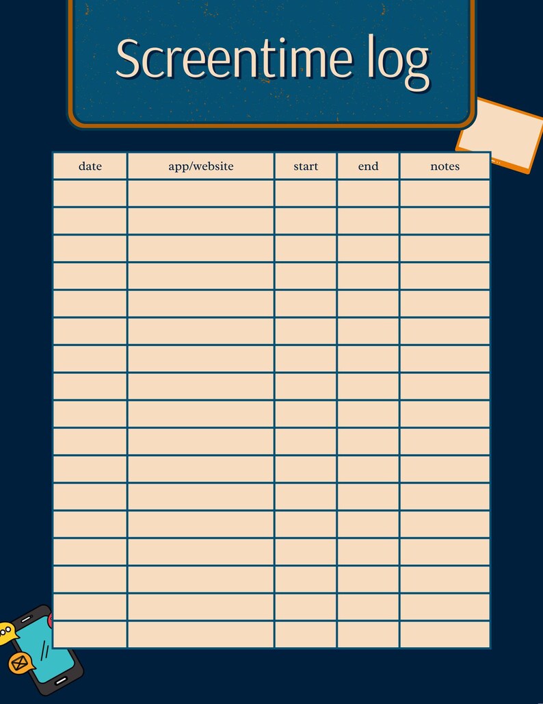 Screen Time Tracker Printable: App & Website Use Log (digital Download ...