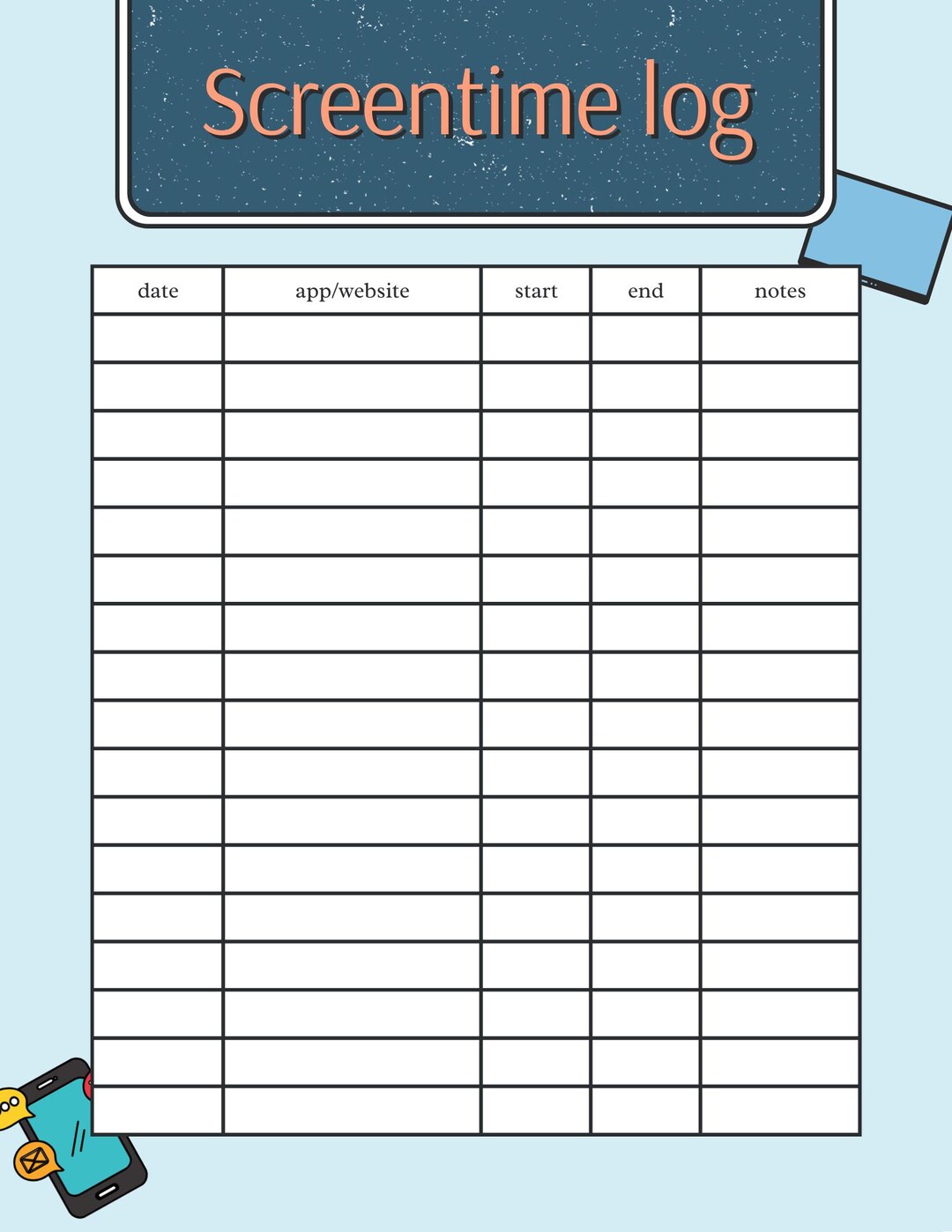Screen Time Log Printable | Digital Download | Track Daily App and ...