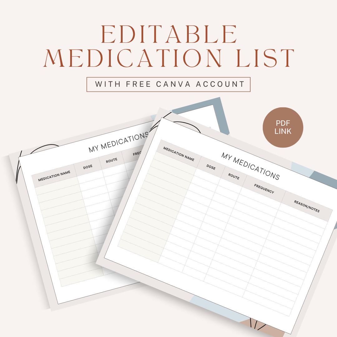 Personal Medication List Template - Editable - Etsy