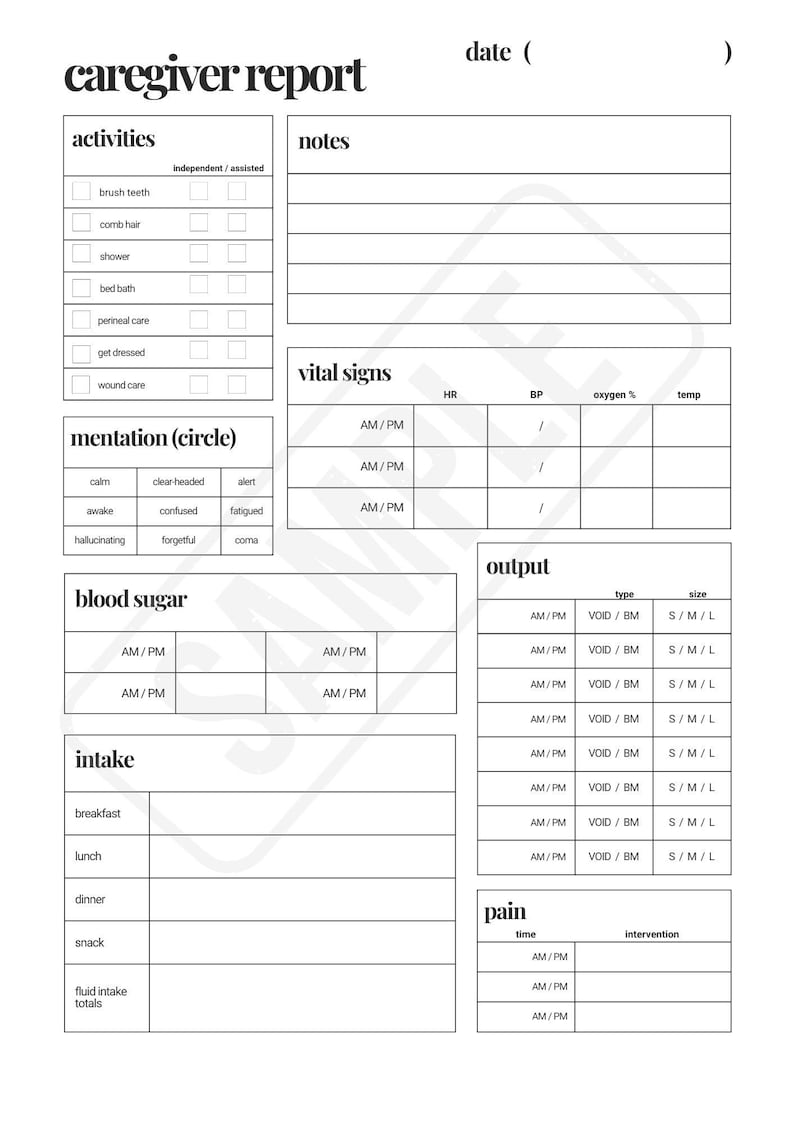 Caregiver Report Sheet for the In-home Adult - Etsy