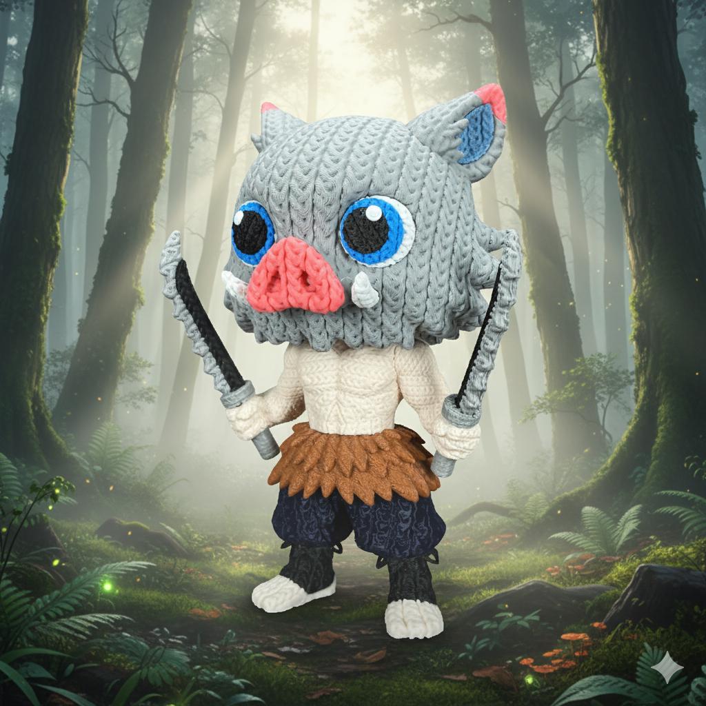 Knitted-style Inosuke 3D Printed Figure | Anime-inspired Chibi Doll - Etsy