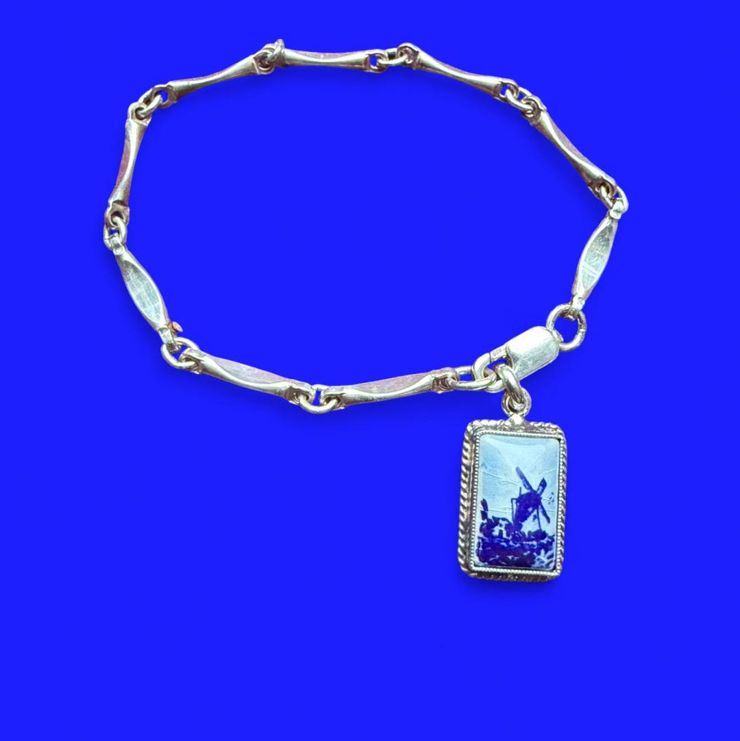Vintage Sterling Delft Bracelet Blue & White Windmill Hand Painted ...