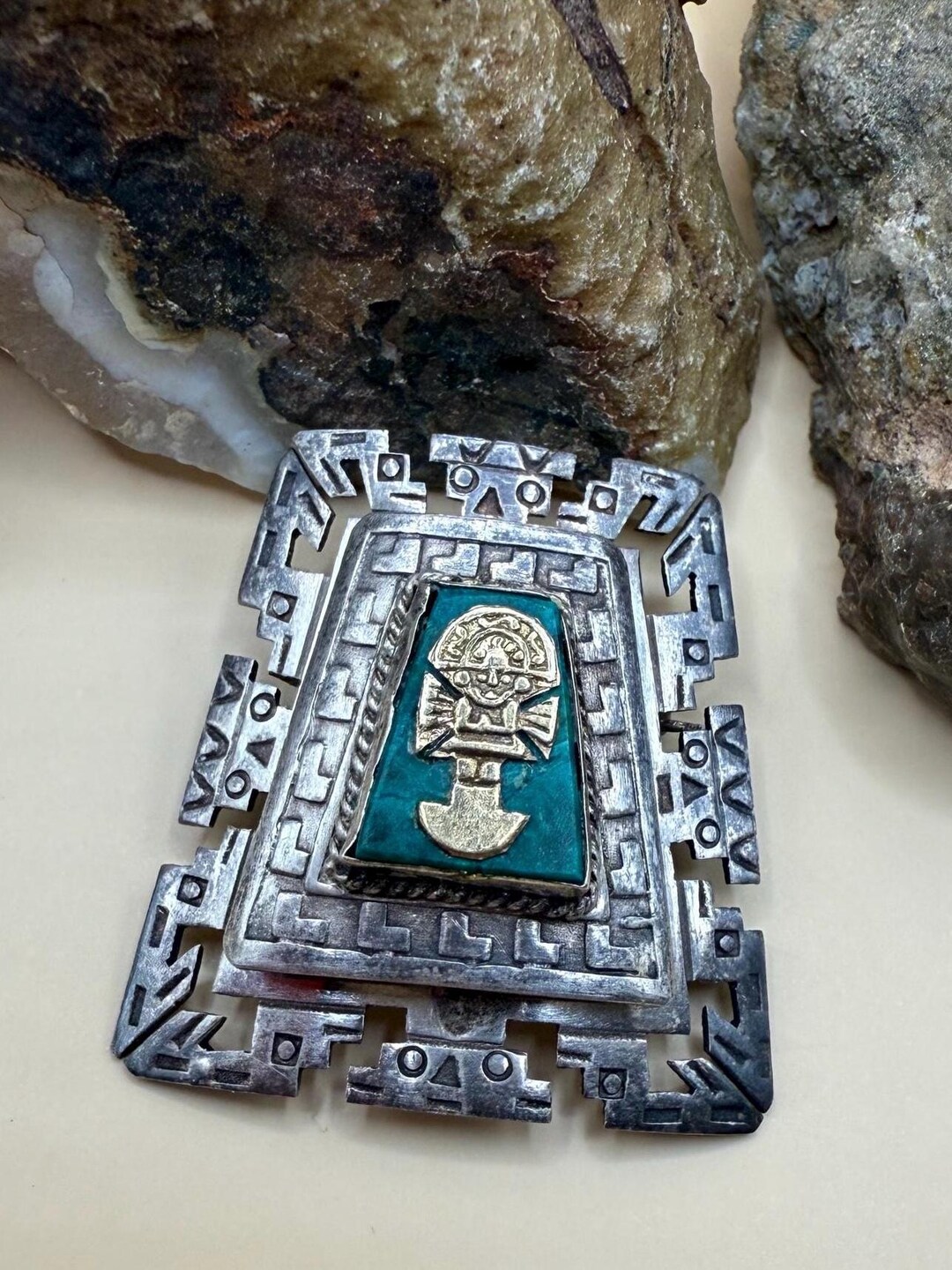 Incan Inti Sun God Pyramid Brooch in Sterling Silver and 18k Gold ...