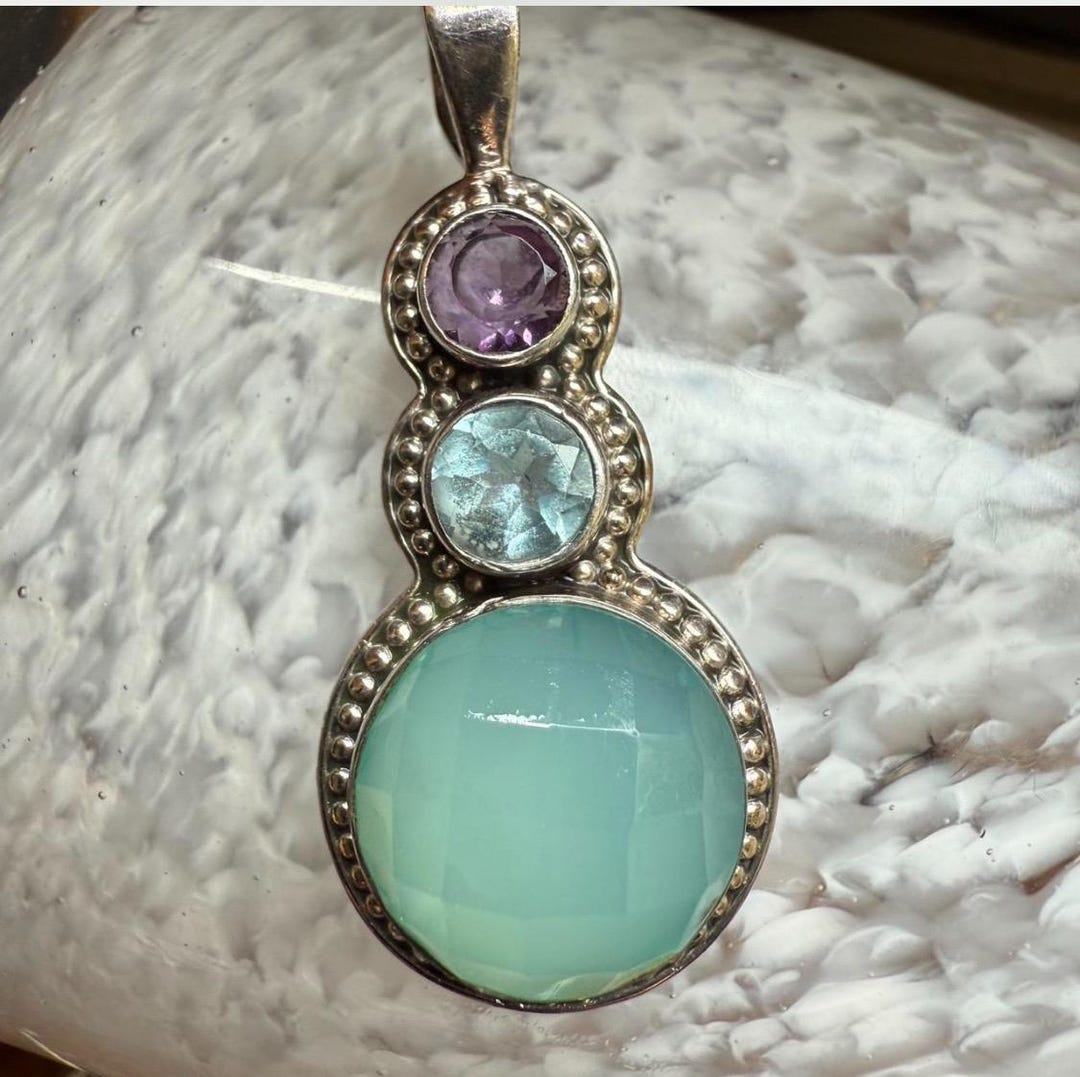 Sterling Silver 3 Stone Drop Pendant Featuring Chalcedony, Amethyst and ...