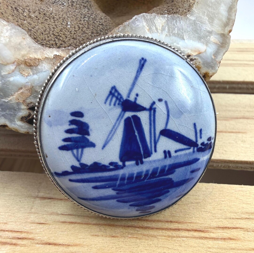 Delft Blue Windmill Paint Brooch Sterling Silver Bezel Dutch Holland - Etsy