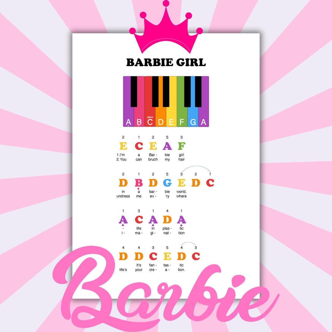 Barbie Girl – One-hand Beginner Piano PDF | Colored Notes & Letters for ...