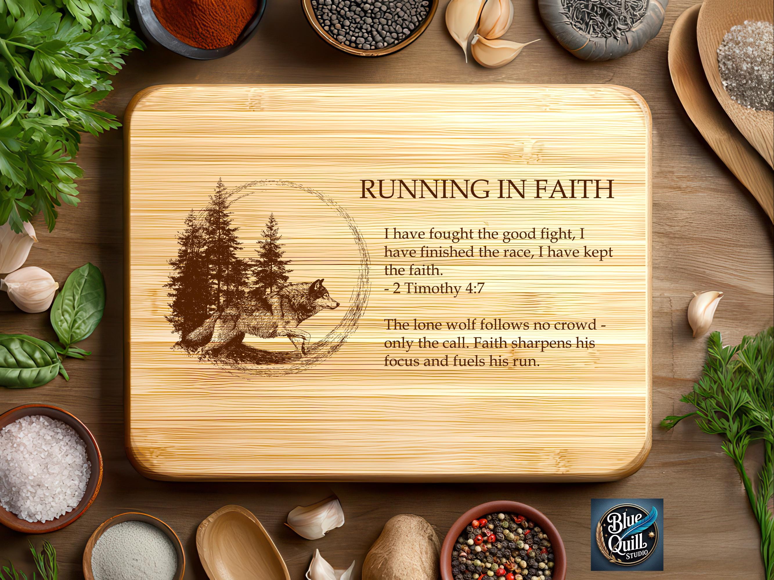 Wolf Running in Faith Bible Scripture Quote Inspirational Charcuterie ...