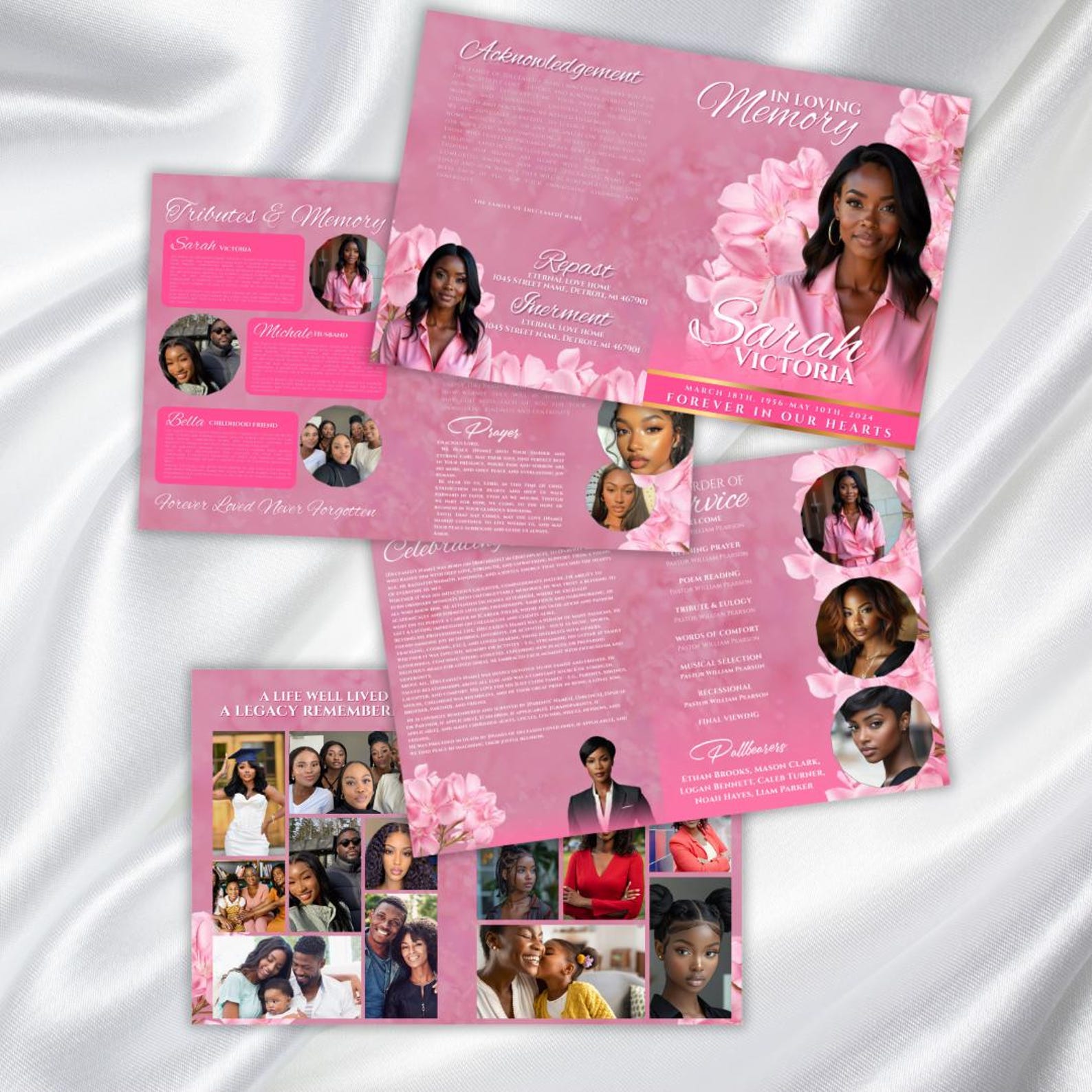 Pink Roses Funeral Program Template, Celebration of Life (canva ...