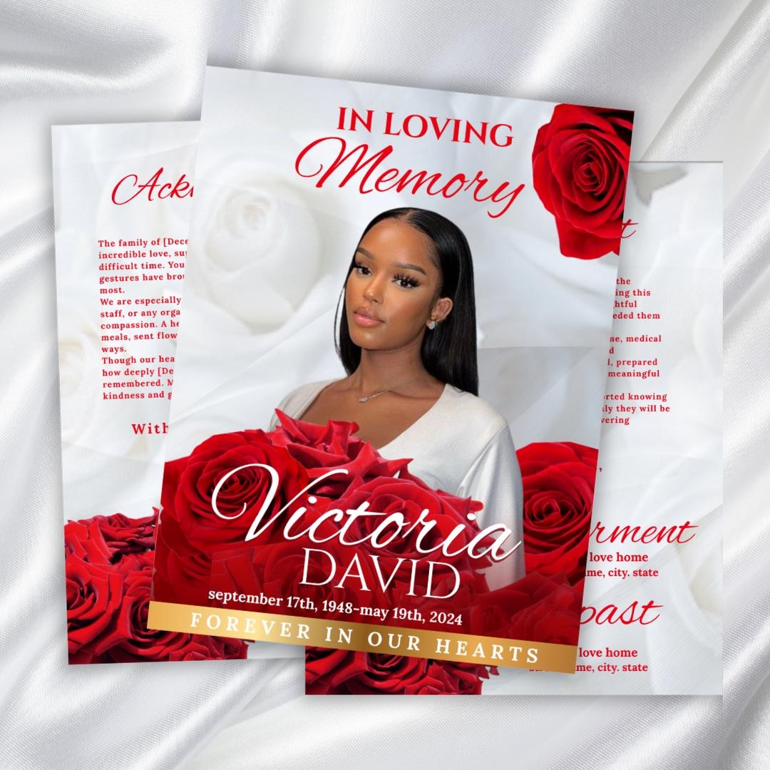 Red Roses Funeral Program Template: Bi-fold Obituary (canva, 8.5x11 ...