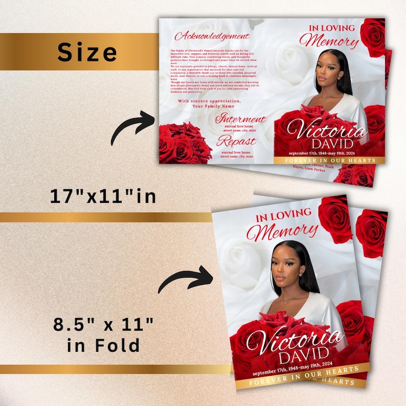 Red Roses Funeral Program Template: Bi-fold Obituary (canva, 8.5x11 ...