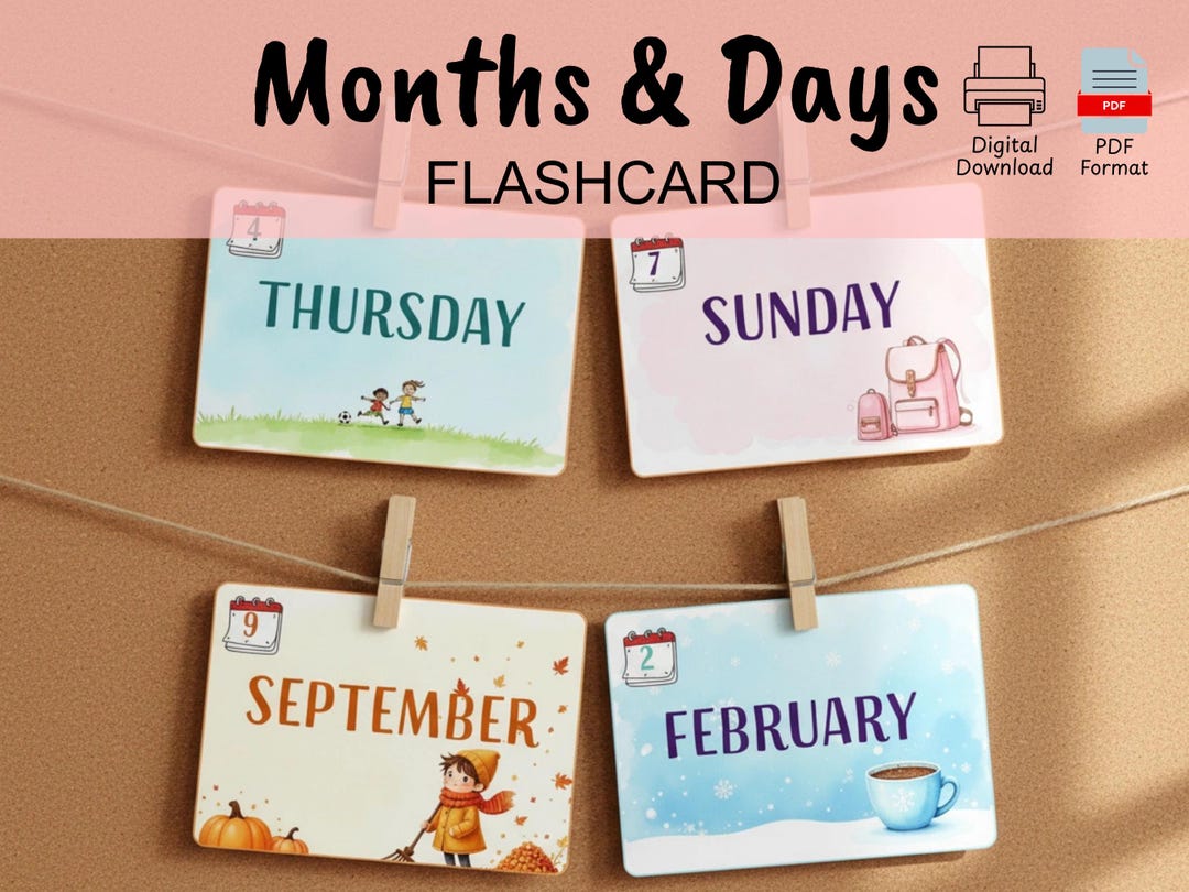 Days and Months Flashcards for Kids Days & Months Card Months and Days ...