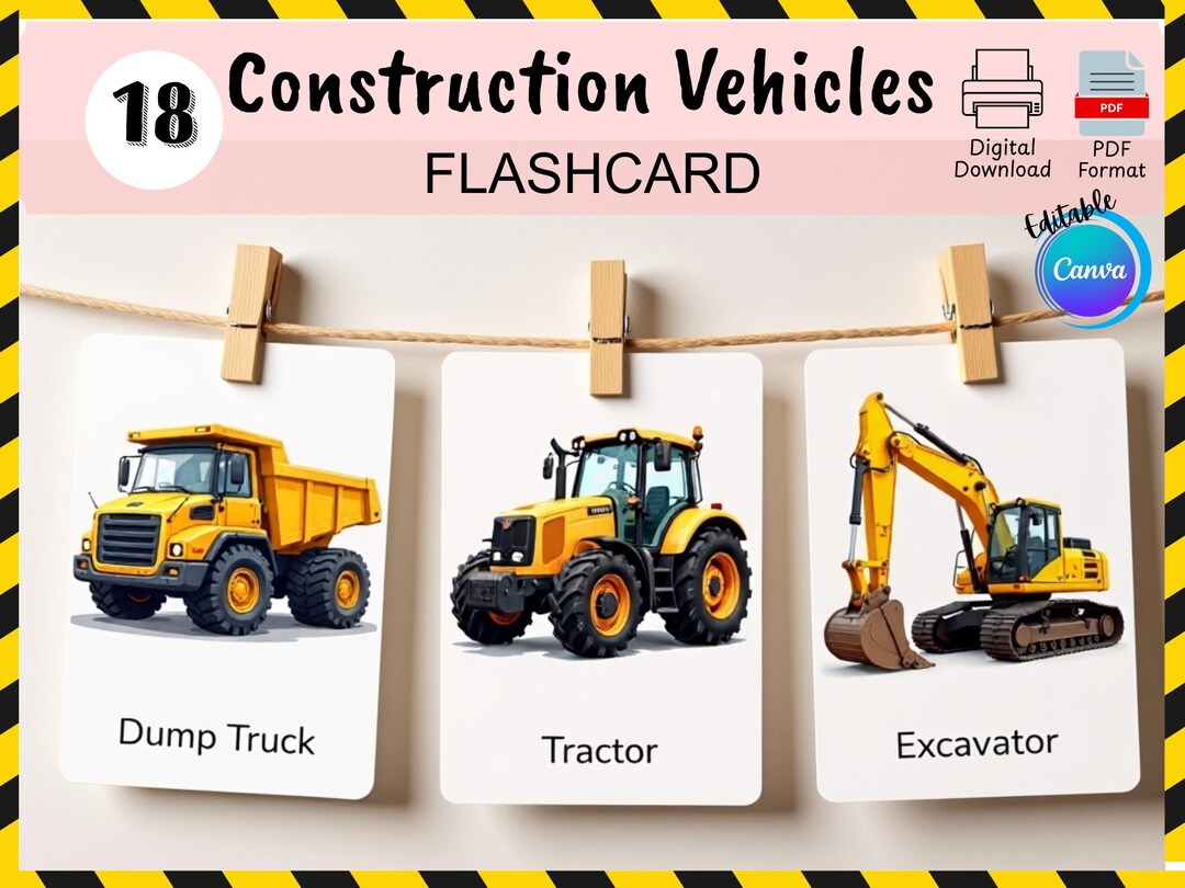 Construction Vehicle Flashcards for Kids Printable Learning Cards ...