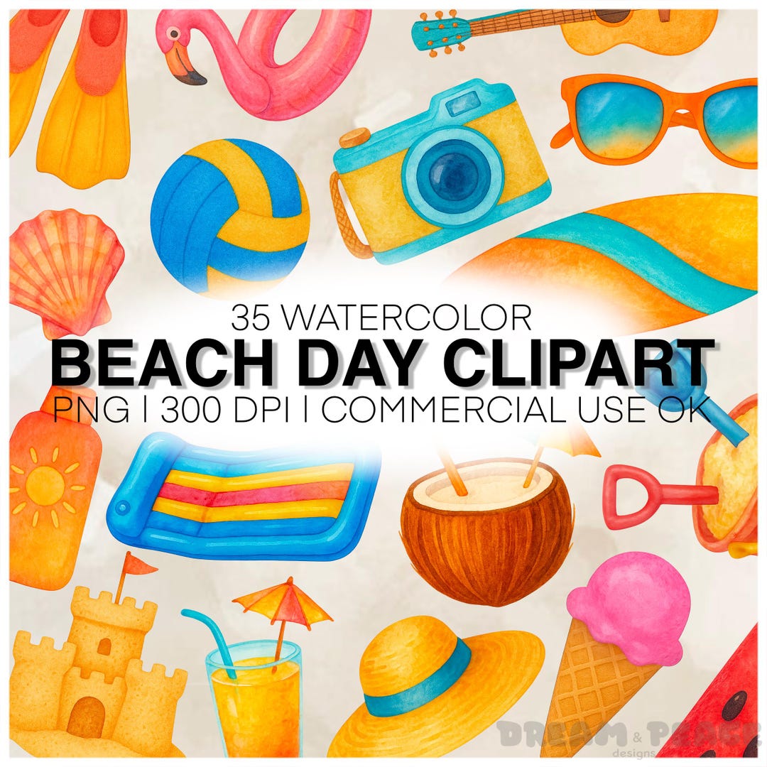 Beach Day Clipart Bundle | 35 Watercolor Summer PNG | Tropical Vacation ...
