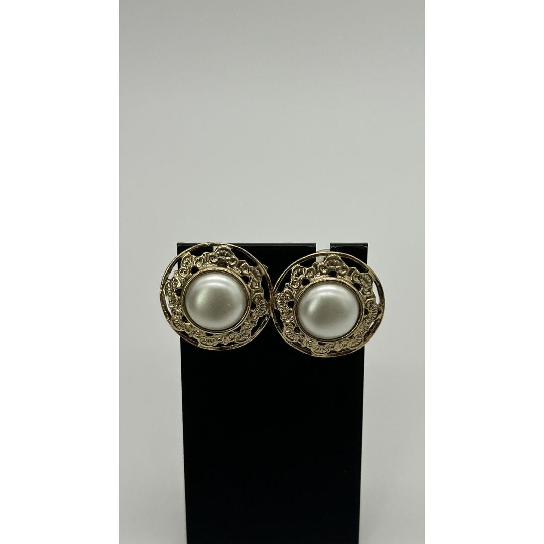 Vintage Gold Tone Textured Button Earrings Faux Pearl Push Back Pierced ...