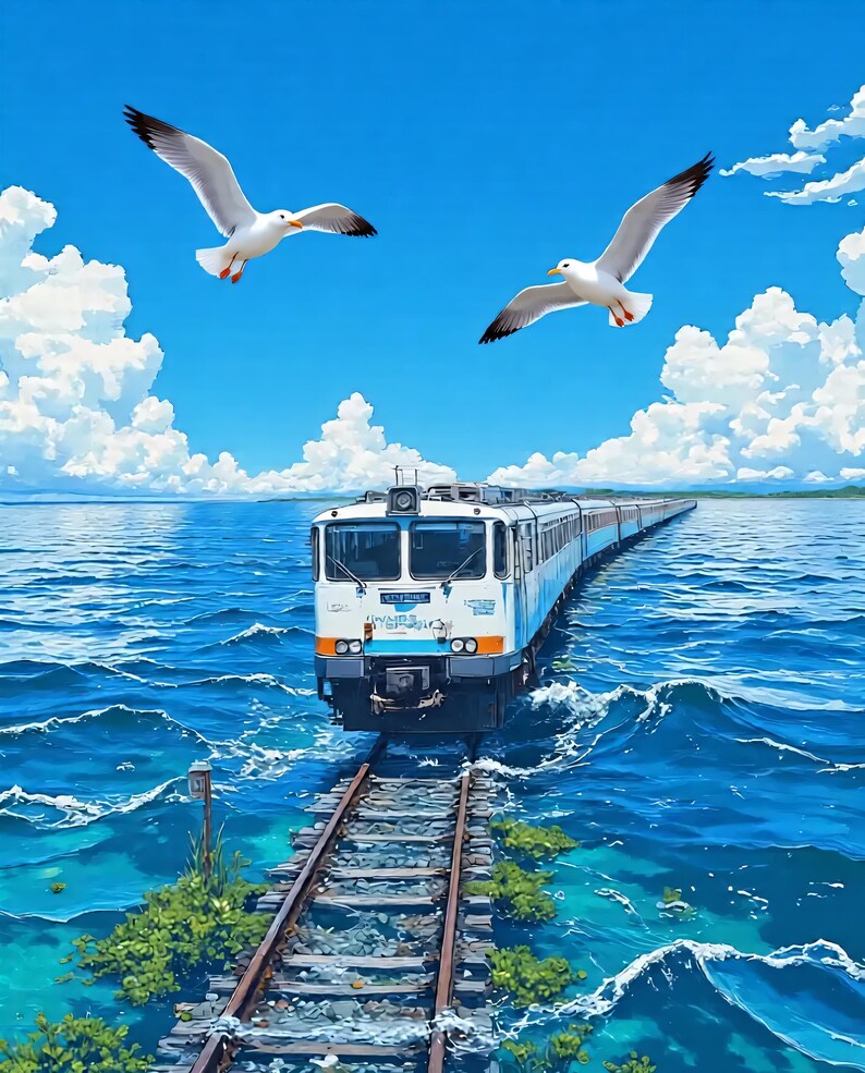 Ocean Train Jigsaw Puzzle Scenic Blue Landscape Puzzle, Surreal Sea ...