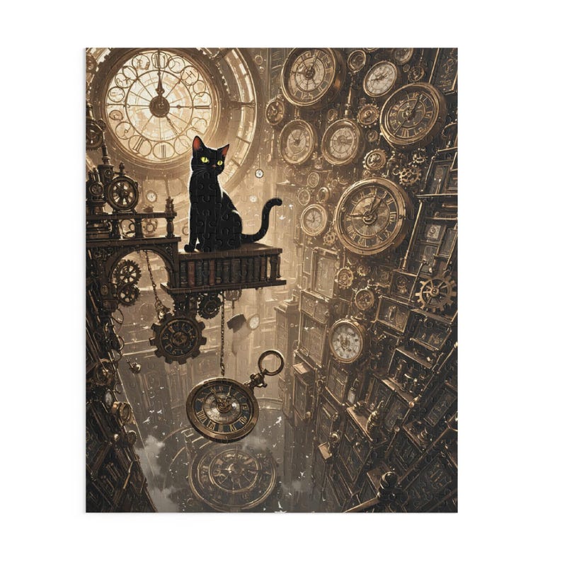 Steampunk Black Cat Jigsaw Puzzle, Gothic Fantasy Clockwork Puzzle, Time Machine Wall Art Puzzle ...
