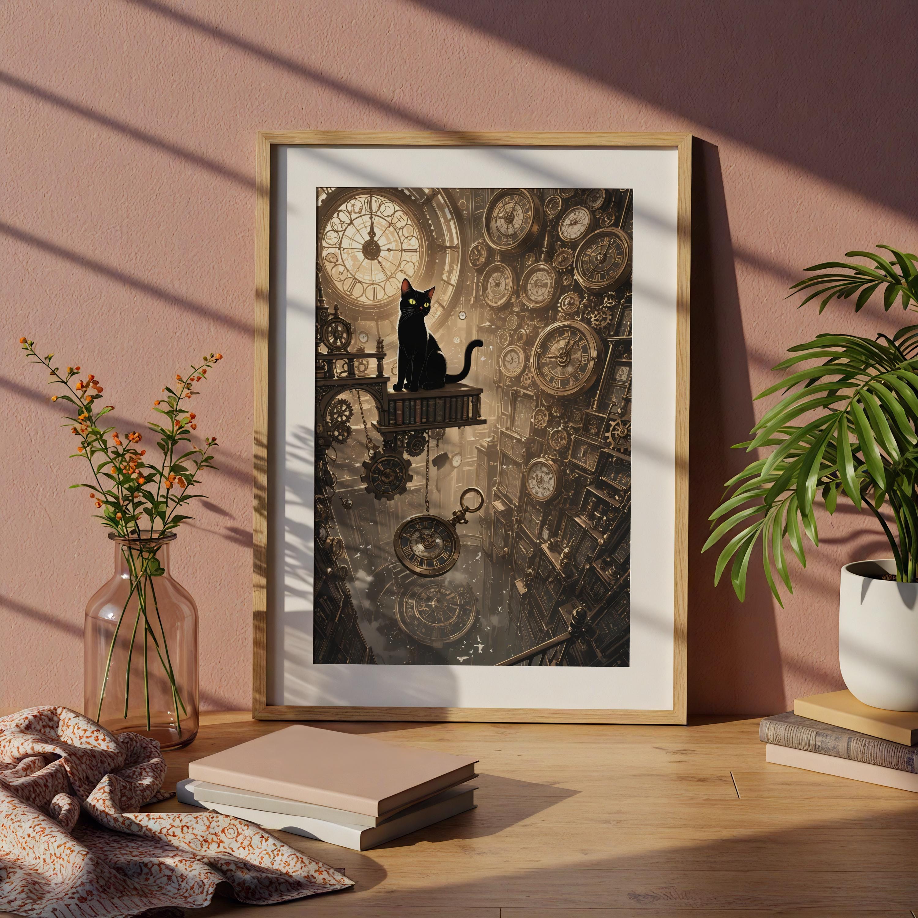 Steampunk Black Cat Jigsaw Puzzle, Gothic Fantasy Clockwork Puzzle, Time Machine Wall Art Puzzle ...