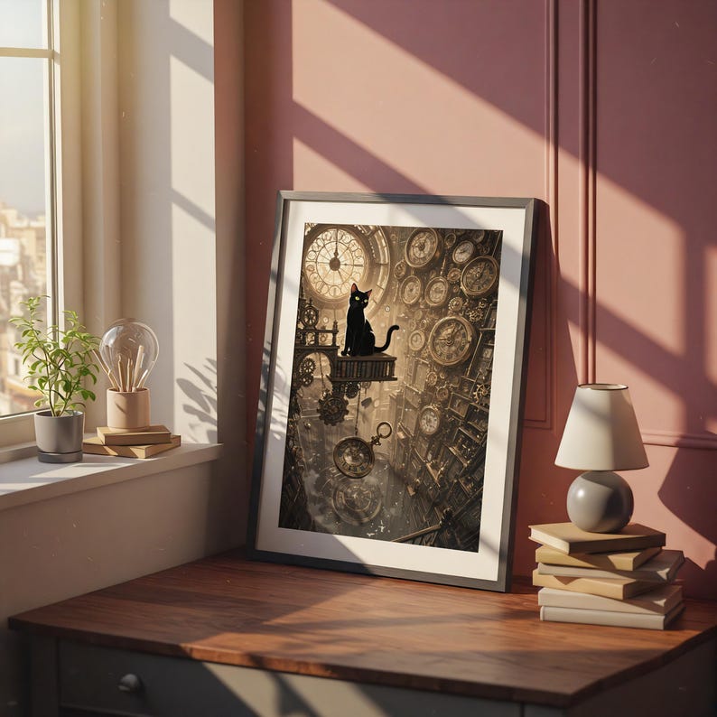 Steampunk Black Cat Jigsaw Puzzle, Gothic Fantasy Clockwork Puzzle, Time Machine Wall Art Puzzle ...