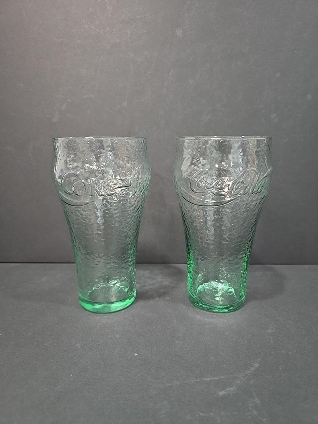 Vintage Set of 2 Coca-cola Glass Pebbled Dimpled Textured Green 6” Tall ...