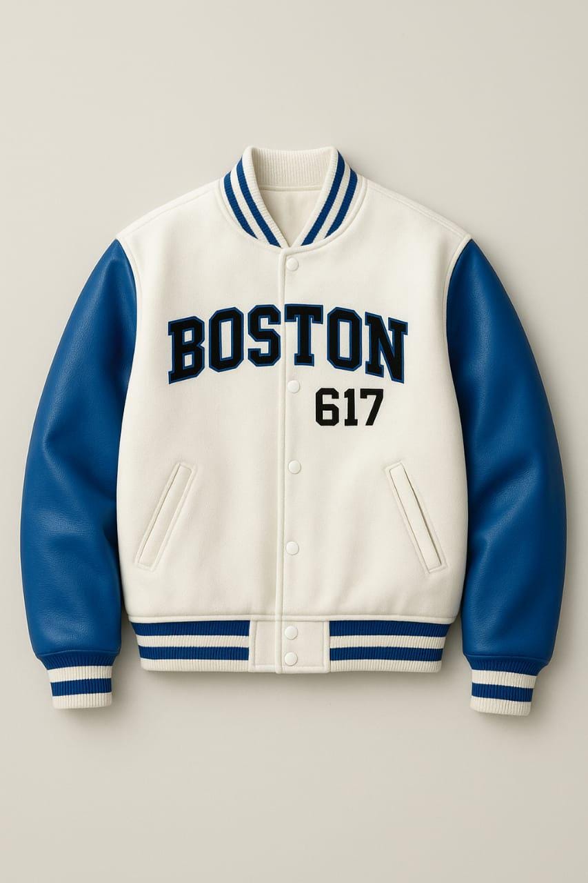 Boston 617 Varsity Jacket • White and Blue Letterman Jacket • Unisex ...