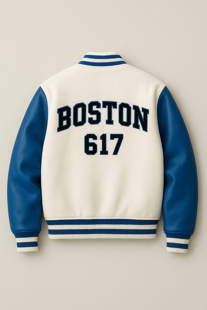 Boston 617 Varsity Jacket • White and Blue Letterman Jacket • Unisex ...