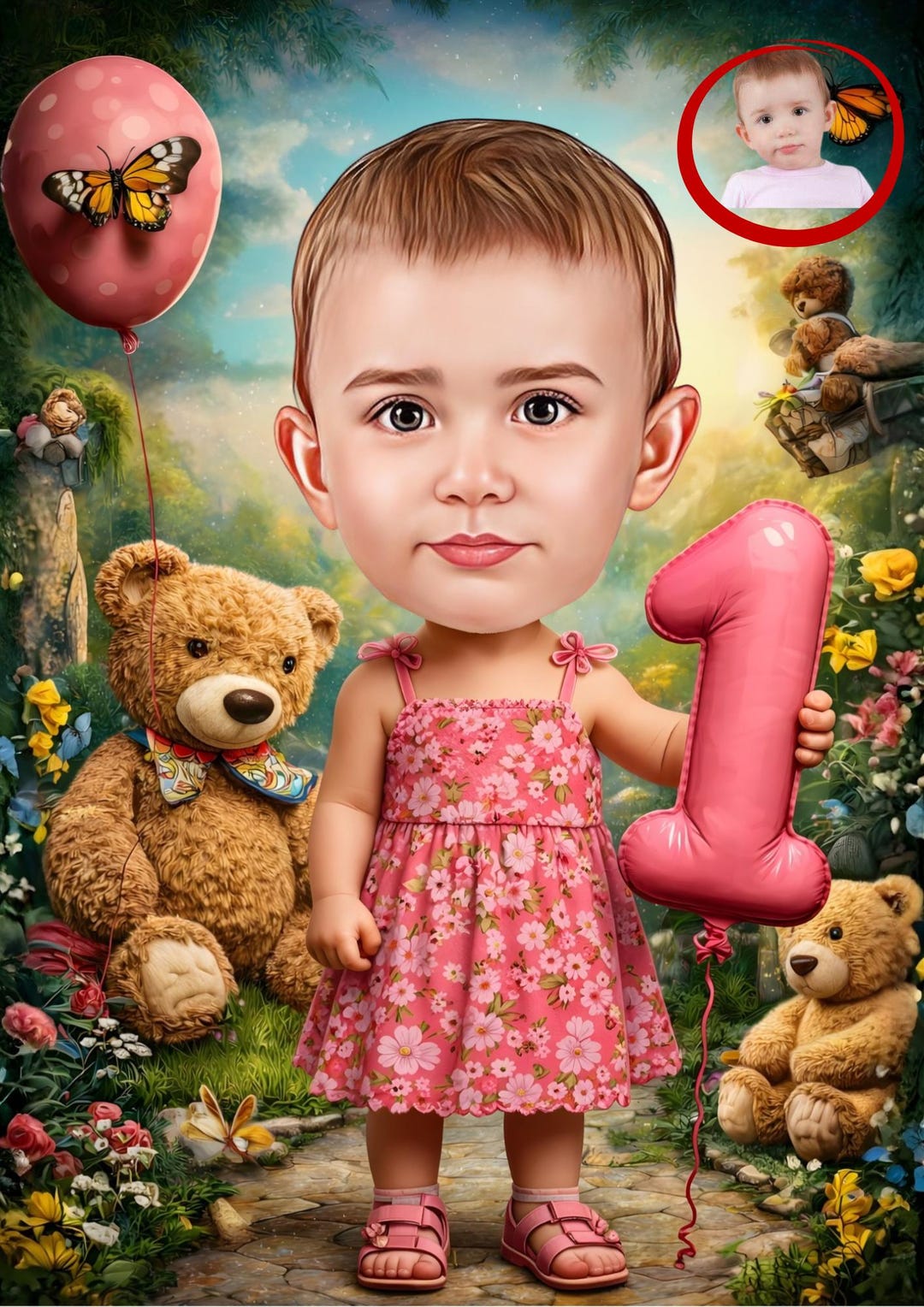 Custom First Birthday Cartoon Portrait From Photo, Personalized Baby ...