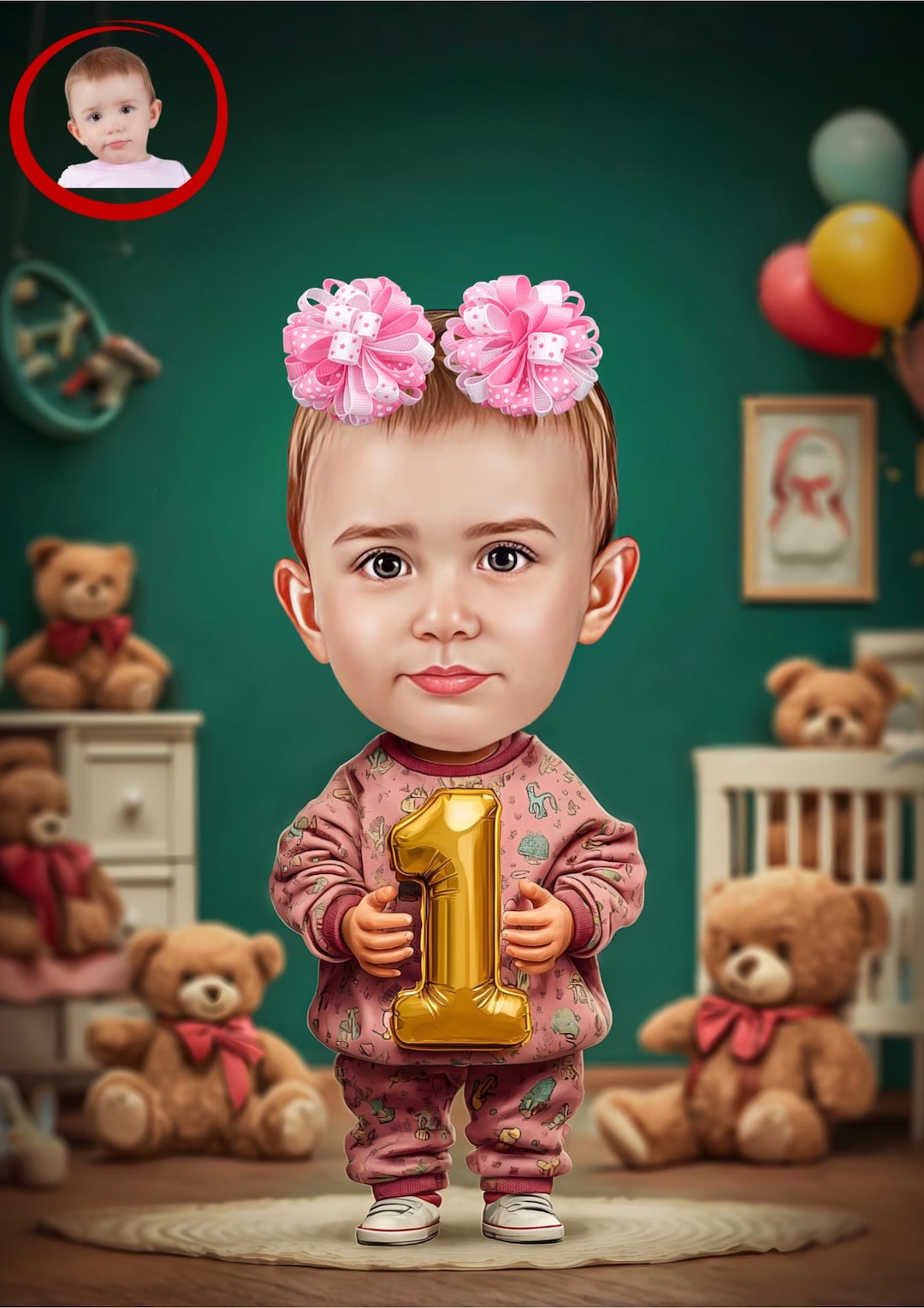Custom First Birthday Cartoon Portrait From Photo, Personalized Baby ...