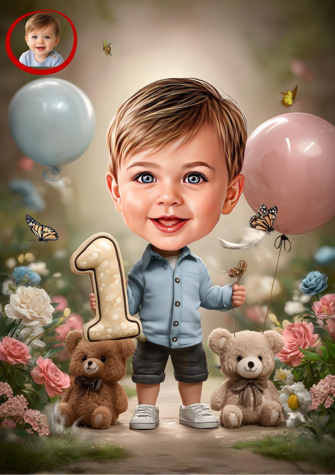 Custom 1st Birthday Cartoon Portrait From Photo, Personalized Baby Gift ...