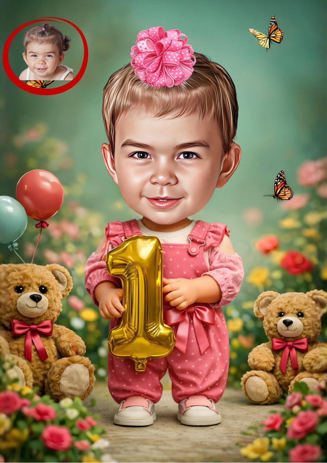 Custom First Birthday Cartoon Portrait From Photo, Personalized Baby ...