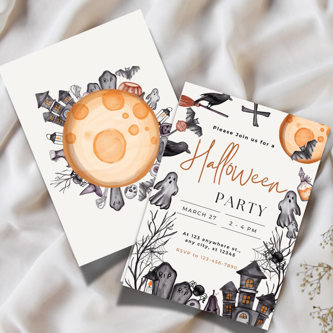 Spooky Halloween Party Invitation & Thank You Tag Set (editable Canva ...