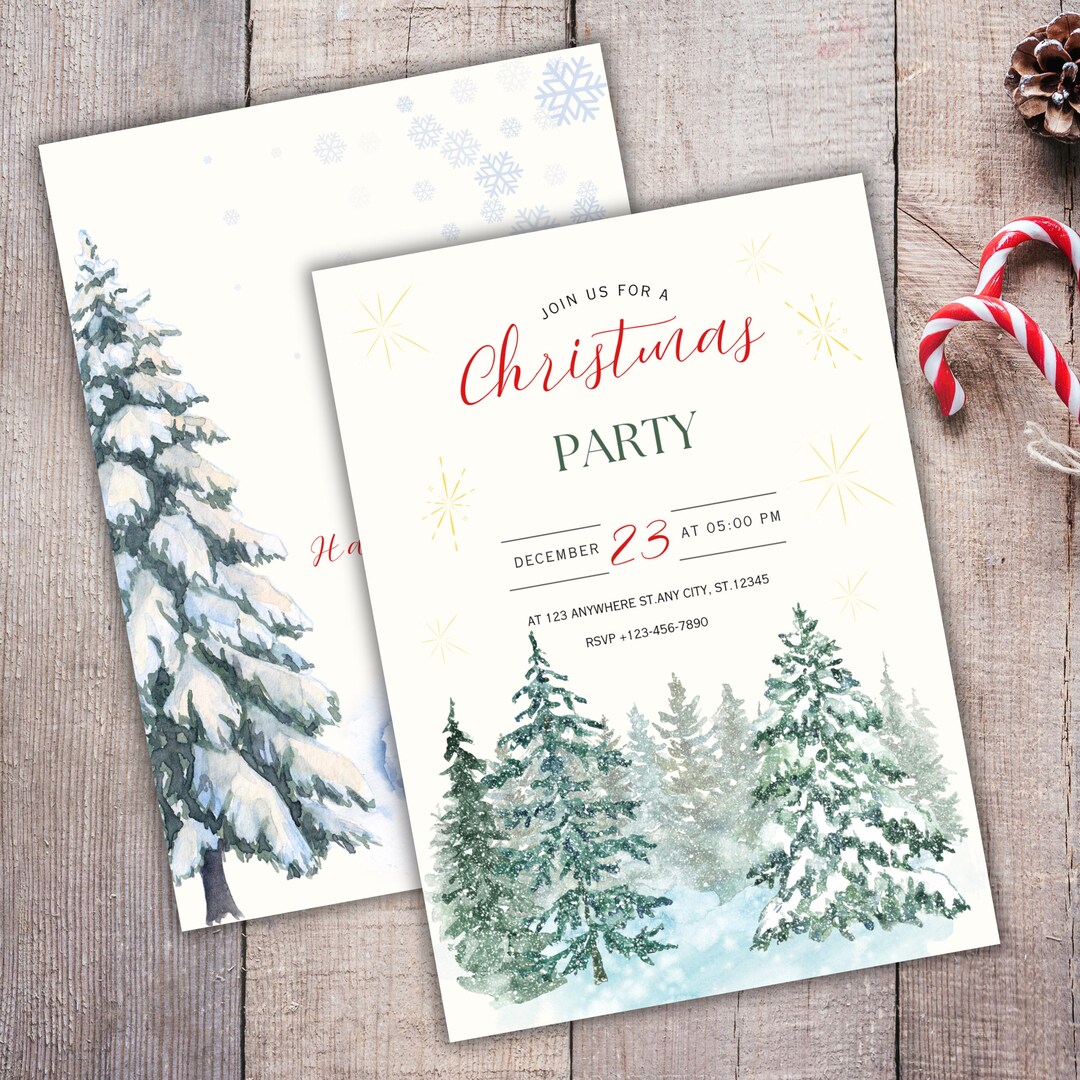 Christmas Party Invitation, Winter Forest Invite, Snowy Trees Printable ...