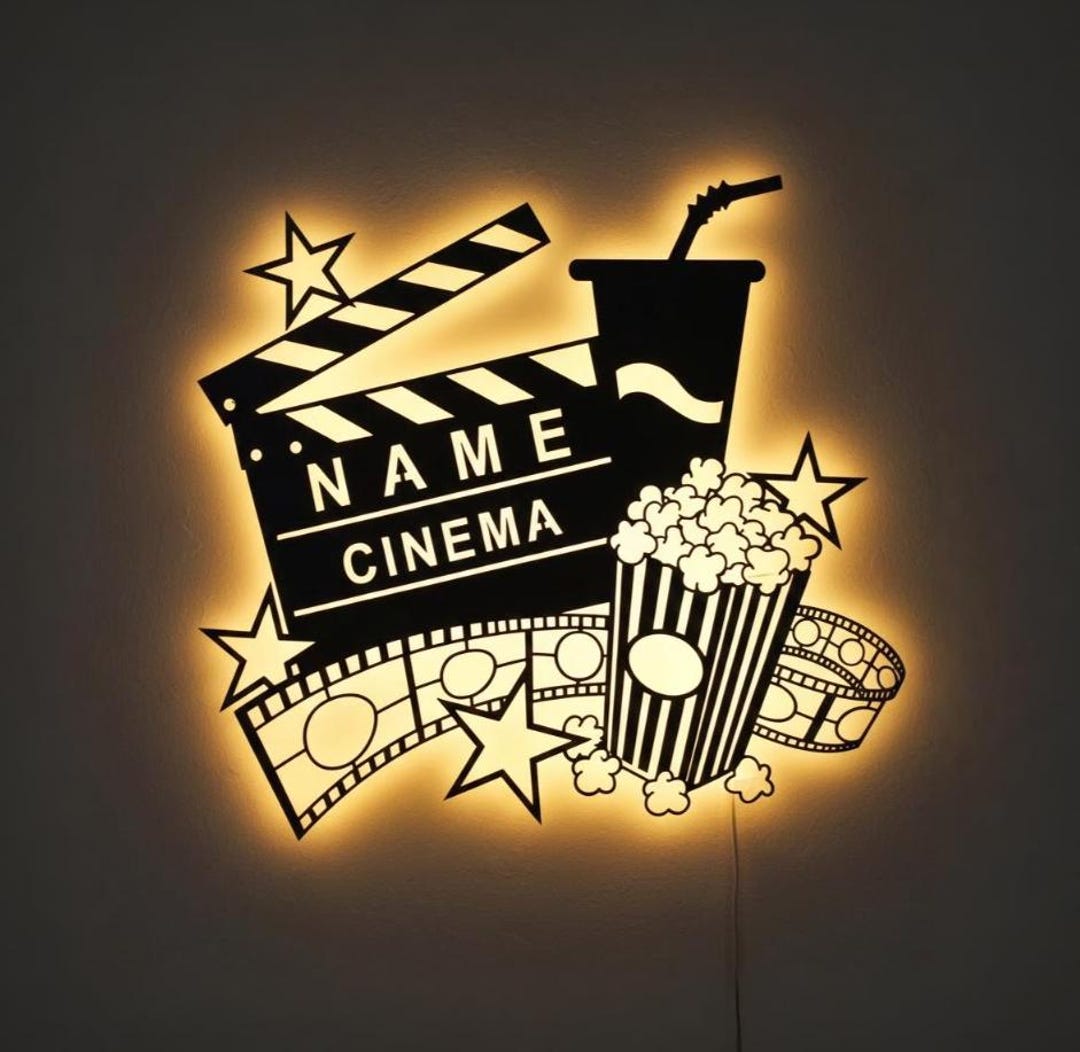 Custom Movie and Popcorn Metal Sign Led Light, Home Theater Decor ...