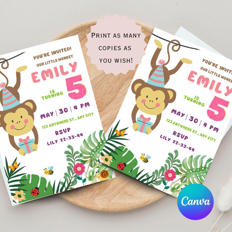 Editable Monkey Birthday Invitation | Girl 5th Birthday, Gift Tags ...