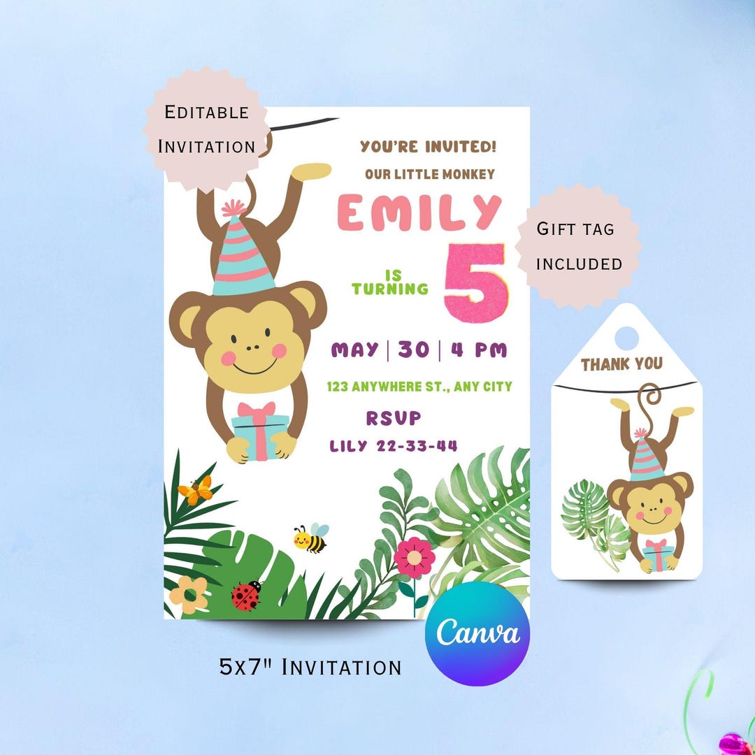 Editable Monkey Birthday Invitation | Girl 5th Birthday, Gift Tags ...