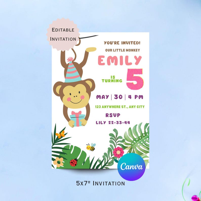 Editable Monkey Birthday Invitation | Girl 5th Birthday, Gift Tags ...