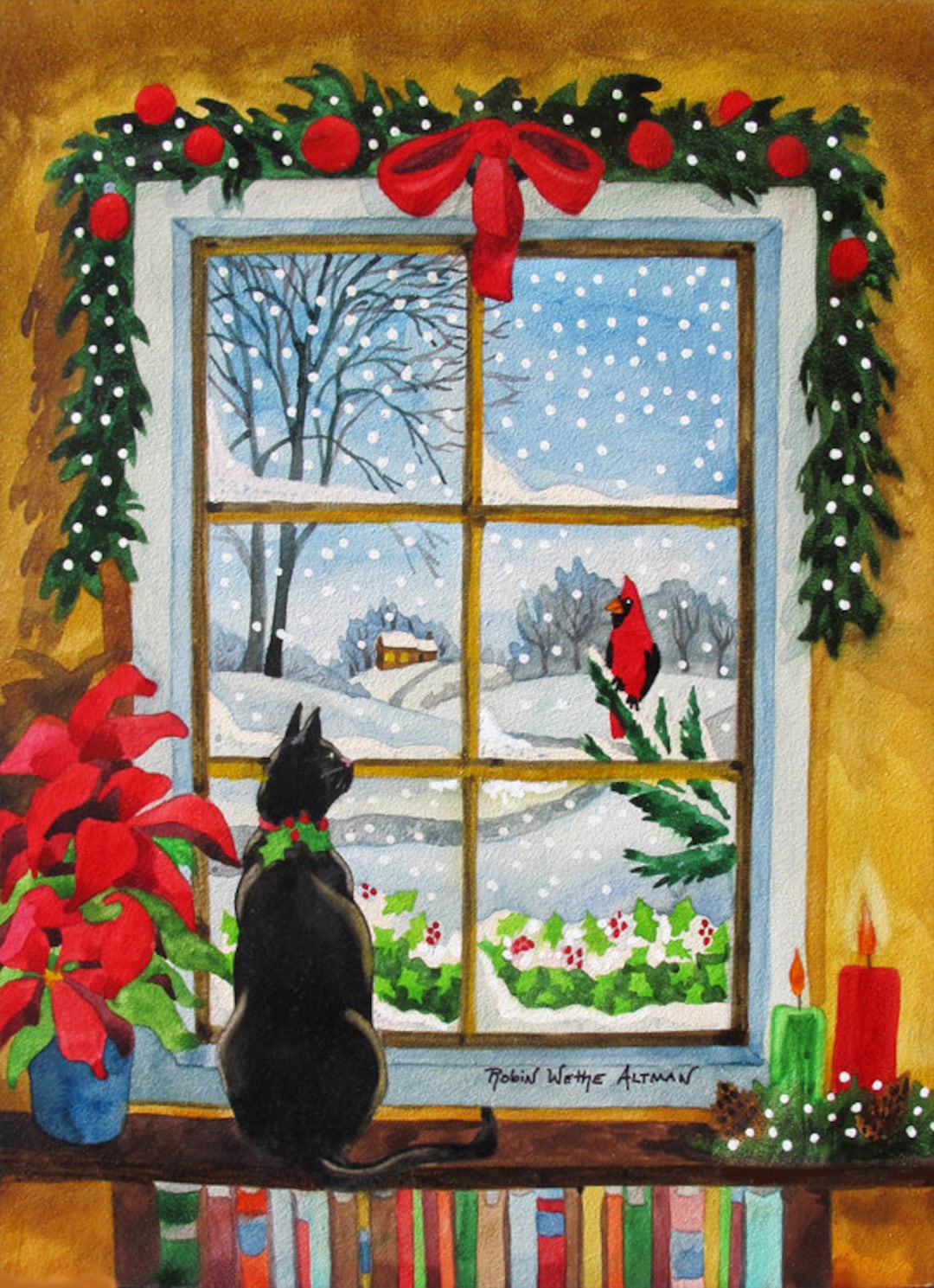 Black Christmas Cat in Window With Cardinal - Etsy