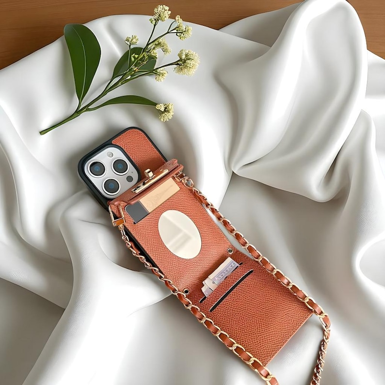 Stylish Leather Crossbody Wallet iPhone Case: Chain Strap, Card Holder ...