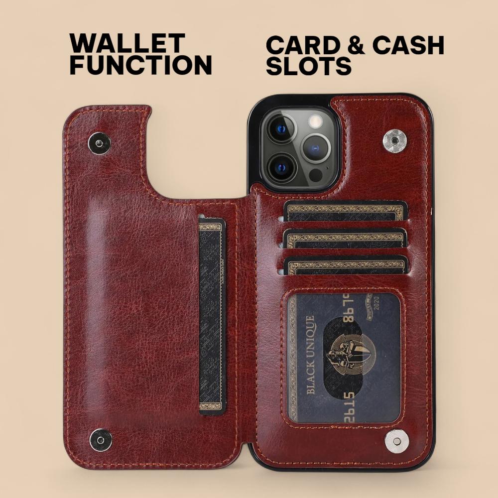 Leather Wallet iPhone Case: Card Slots, Magnetic Button Closure, Flip ...