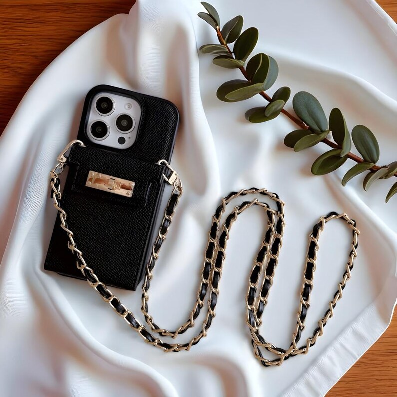 Stylish Leather Crossbody Wallet iPhone Case: Chain Strap, Card Holder ...